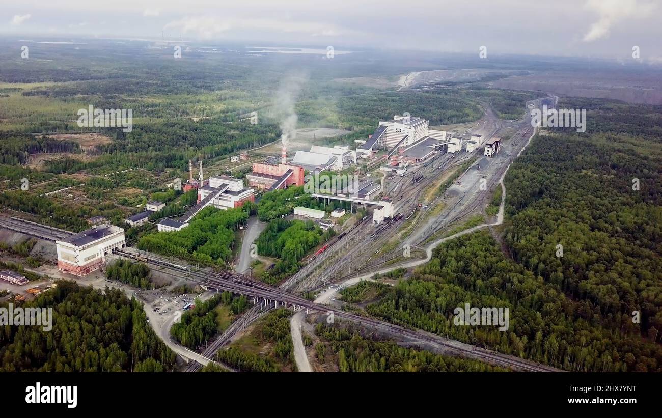 Top view of the mining factory. Environmental pollution problems. Open ...