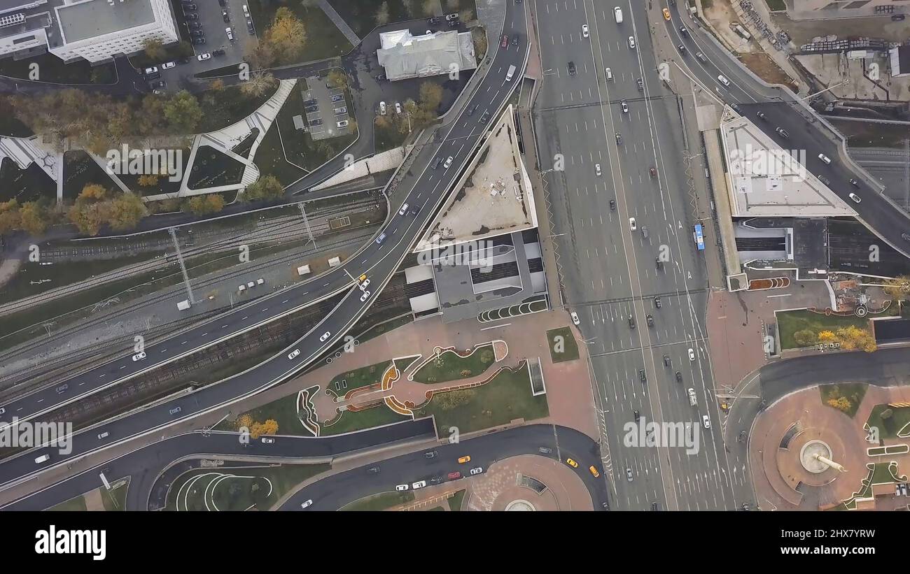 Top view city traffic of highway, logistics. Clip. Aerial top view of ...