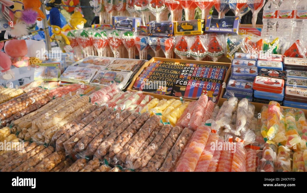 SPAIN, BARCELONA - April , 2018: Show-window with sweets and olive oil ...