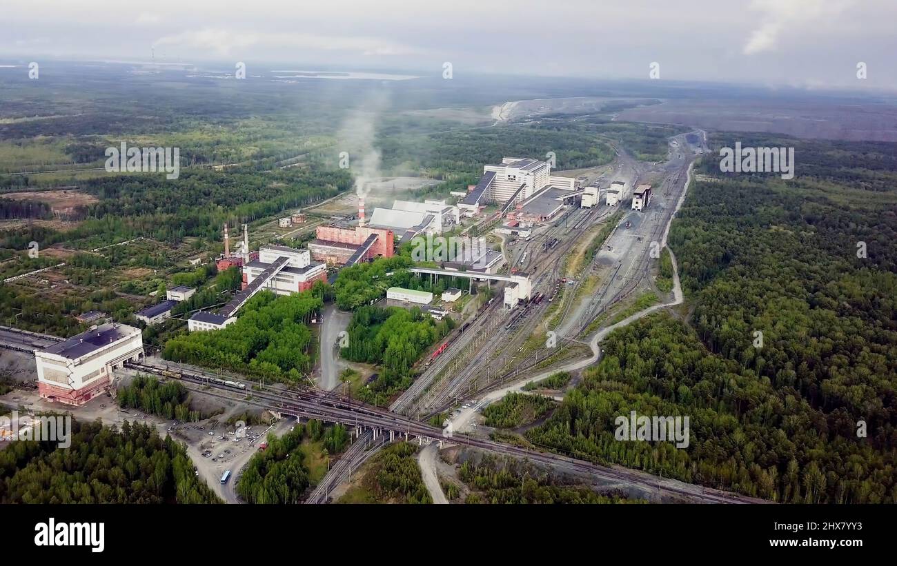 Top view of the mining factory. Environmental pollution problems. Open ...
