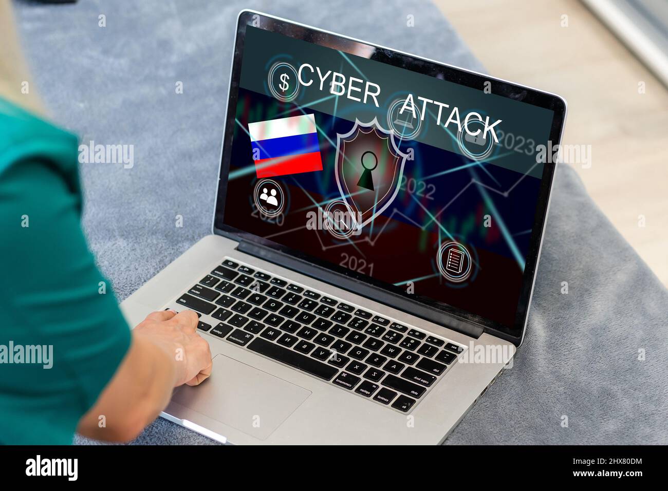 flag of Russia , computer, laptop on table and dark background Stock ...