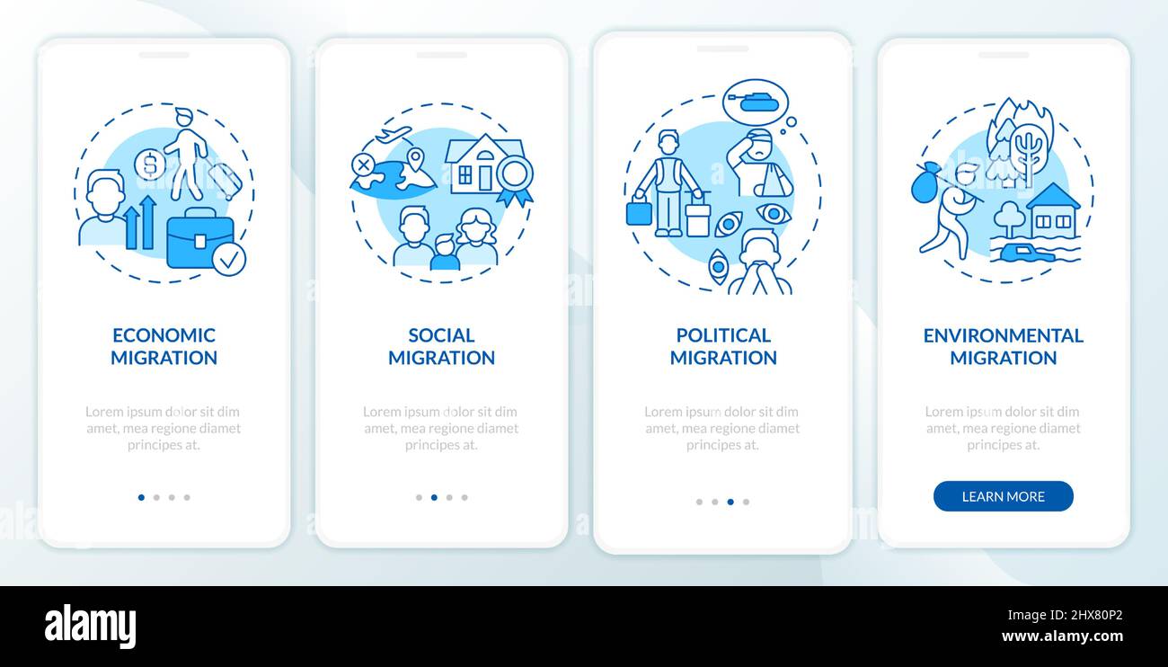Reasons for migration blue onboarding mobile app screen Stock Vector Image & Art - Alamy