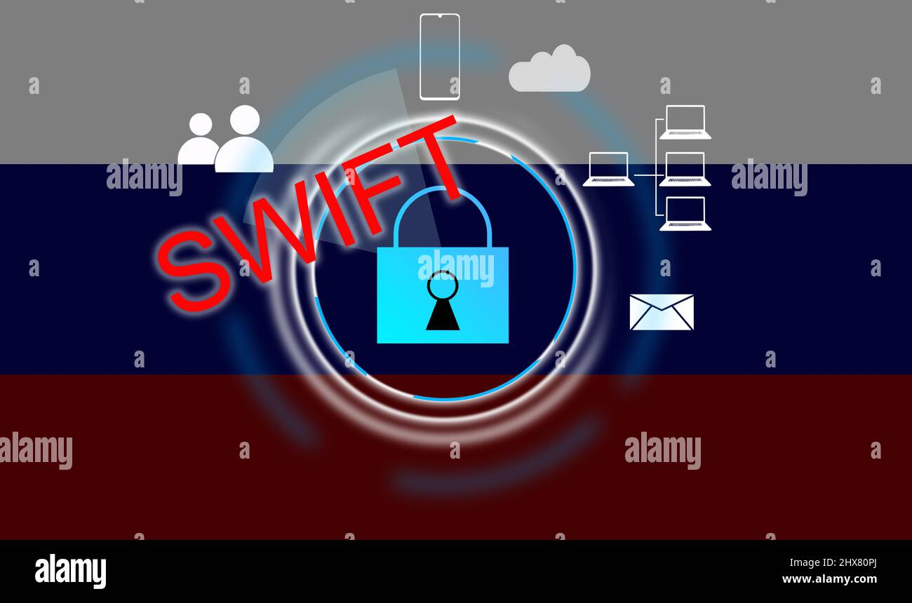 SWIFT financial system logo on screen behind barbed wire on background ...