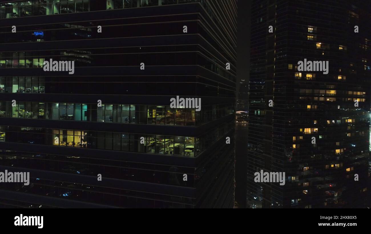Commercial office buildings exterior. Shot. Night view at skyscrapers ...