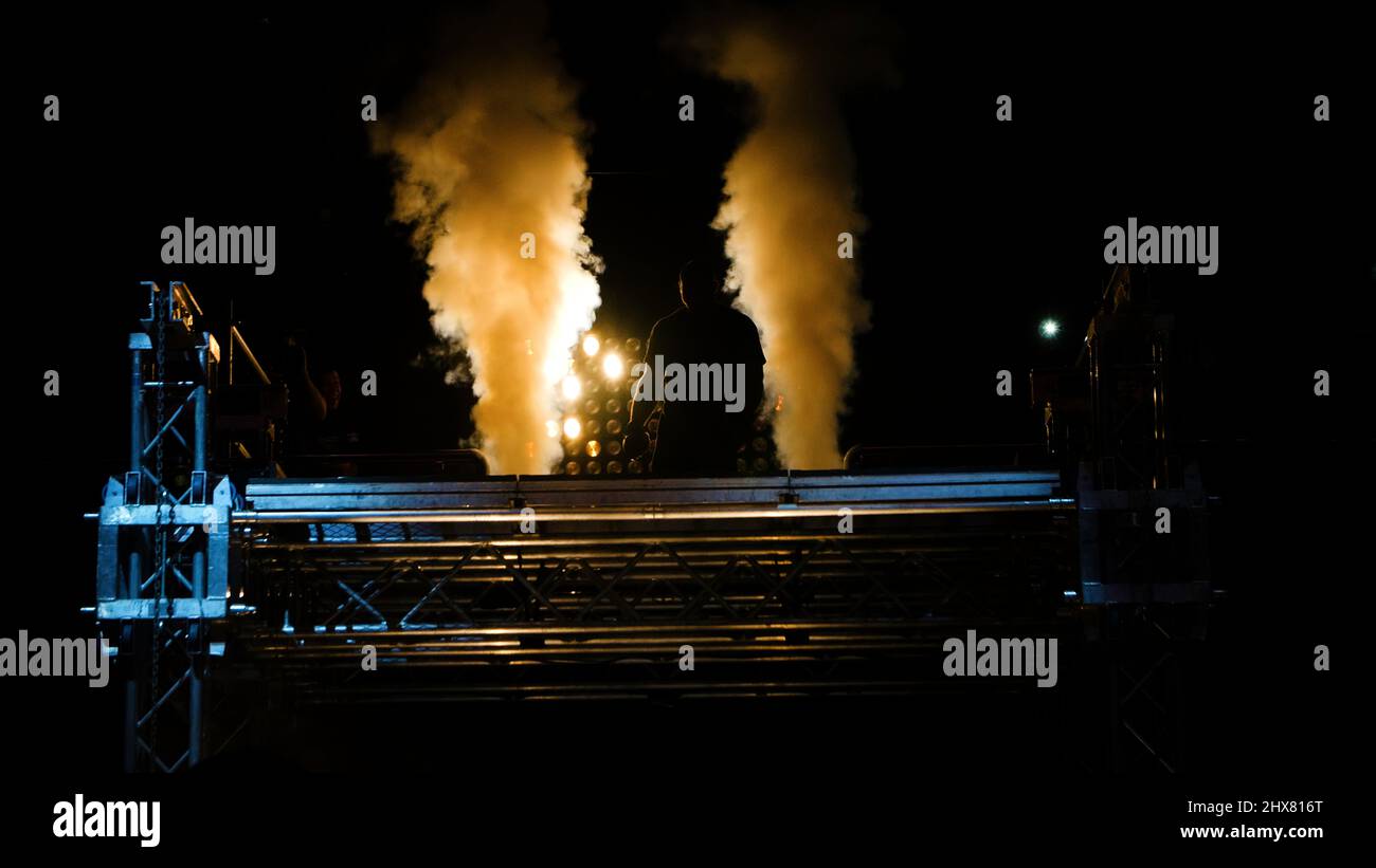 Fight night, profesional athletes.Fighter enters the ring. Lighting ...