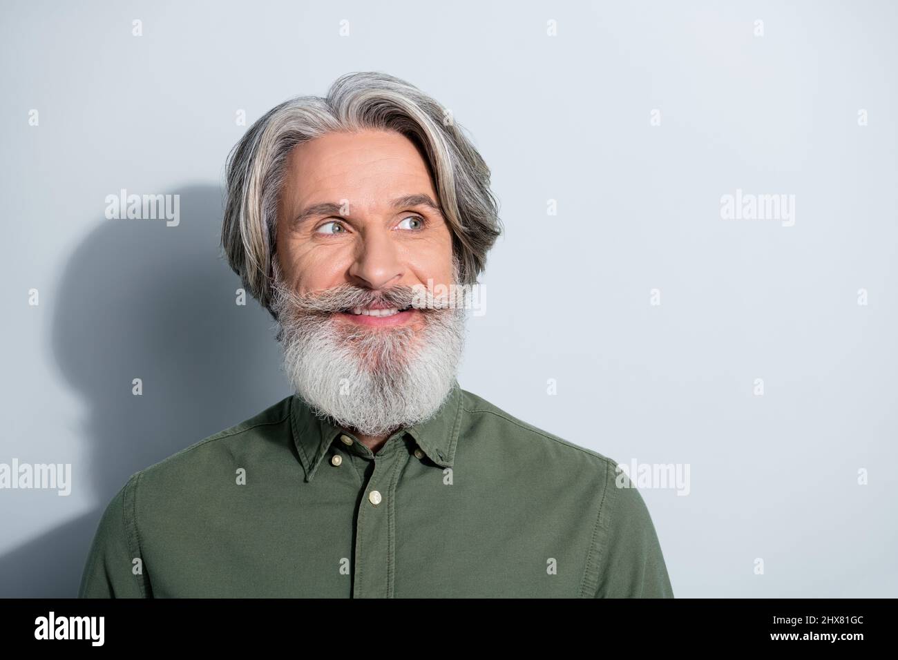 Portrait of attractive cheerful smart grey-haired man thinking copy ...