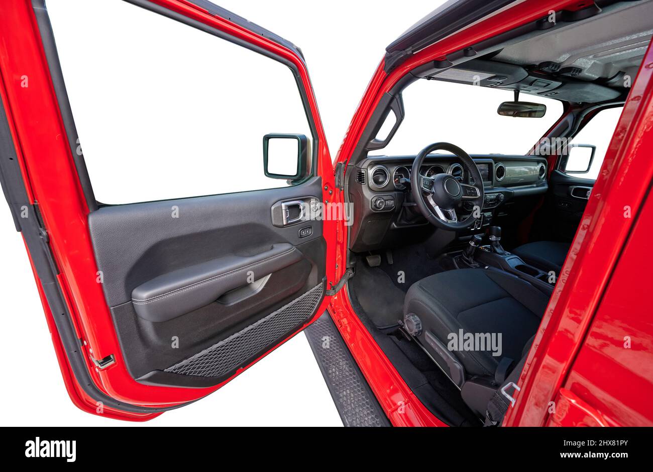 Open driver door in red offroad car isolated on white studio background ...