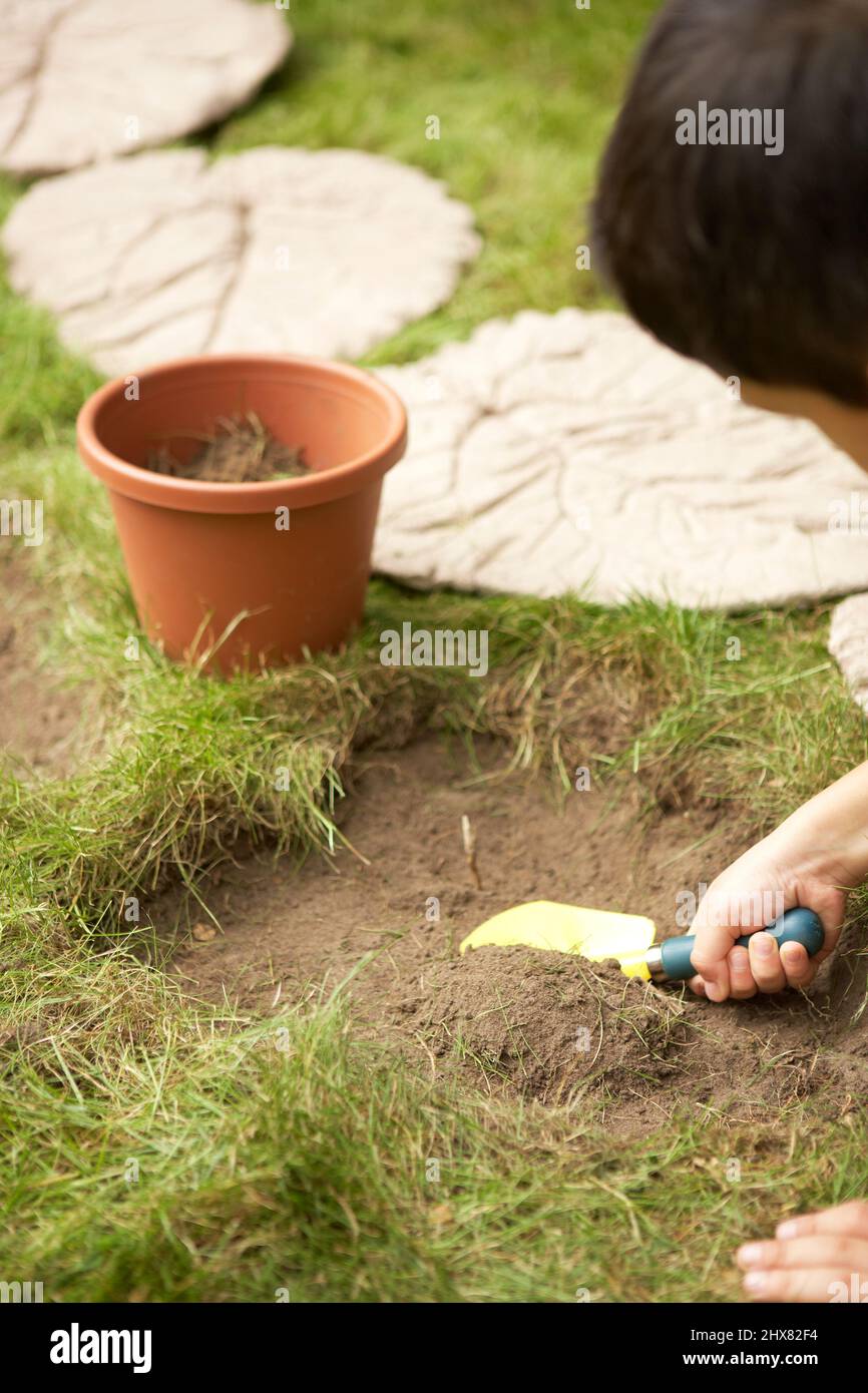 Boy using trowel to dig hole for leaf-shaped stepping stone, close-up ...