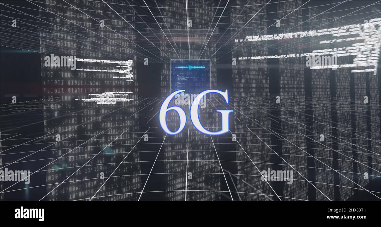 Image of 6g text and data processing on black background Stock Photo ...