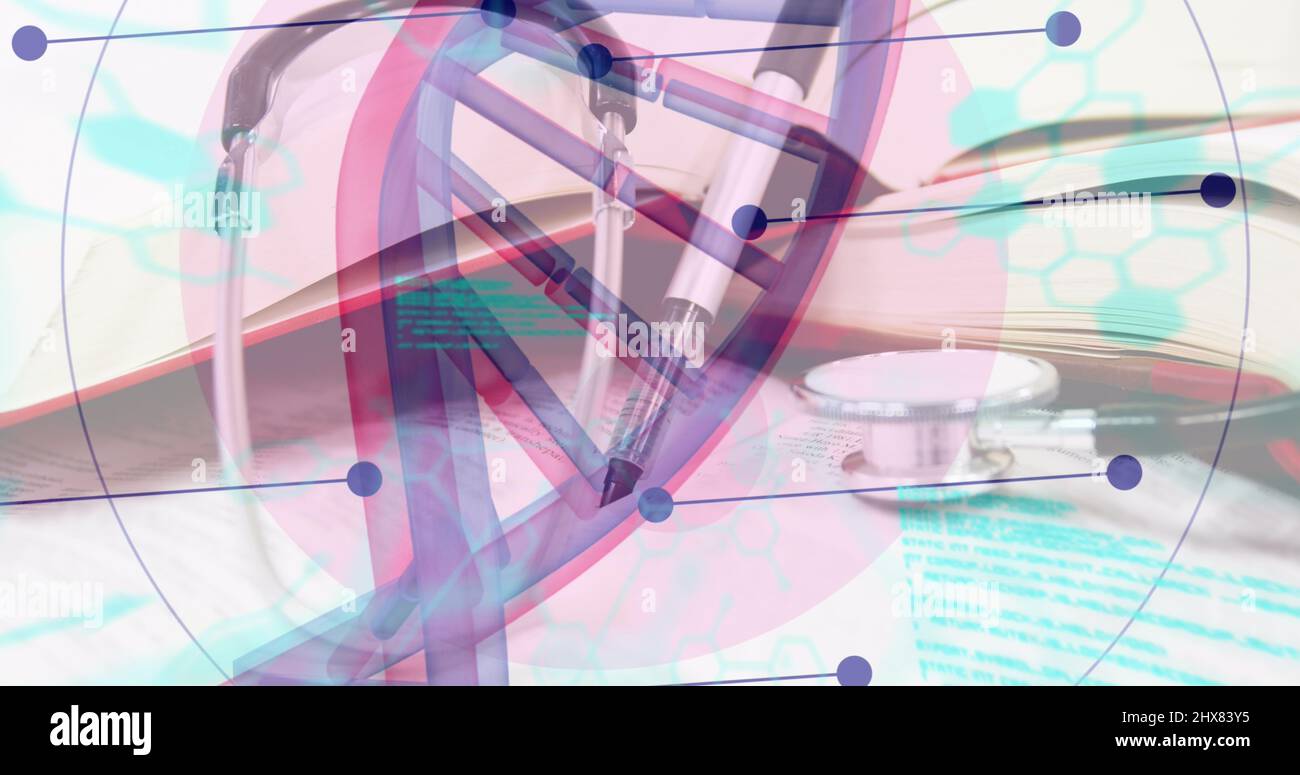 Image of dna strand spinning over doctor's stethoscope. medicine and ...