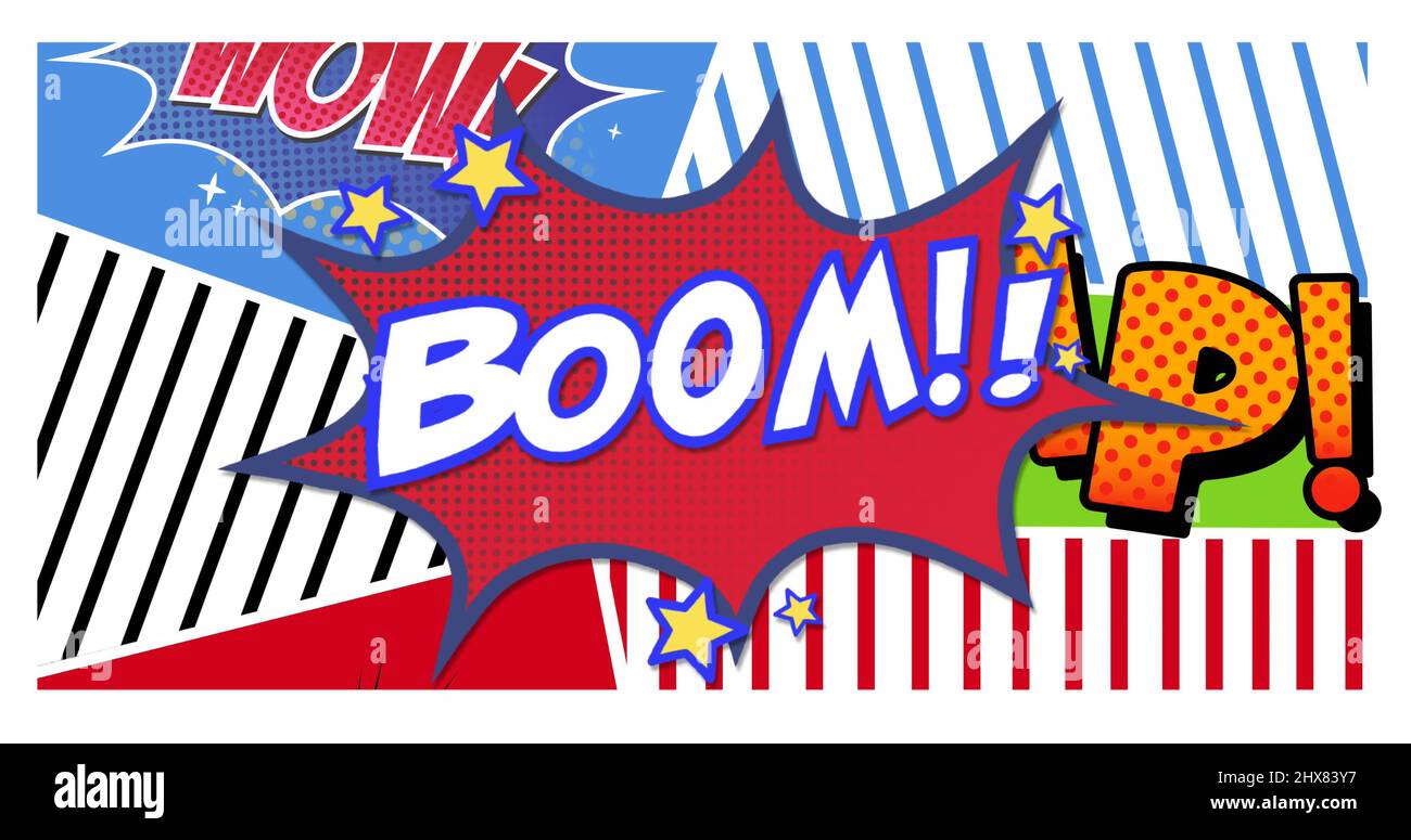 Image of boom text and comic texts on white background Stock Photo - Alamy