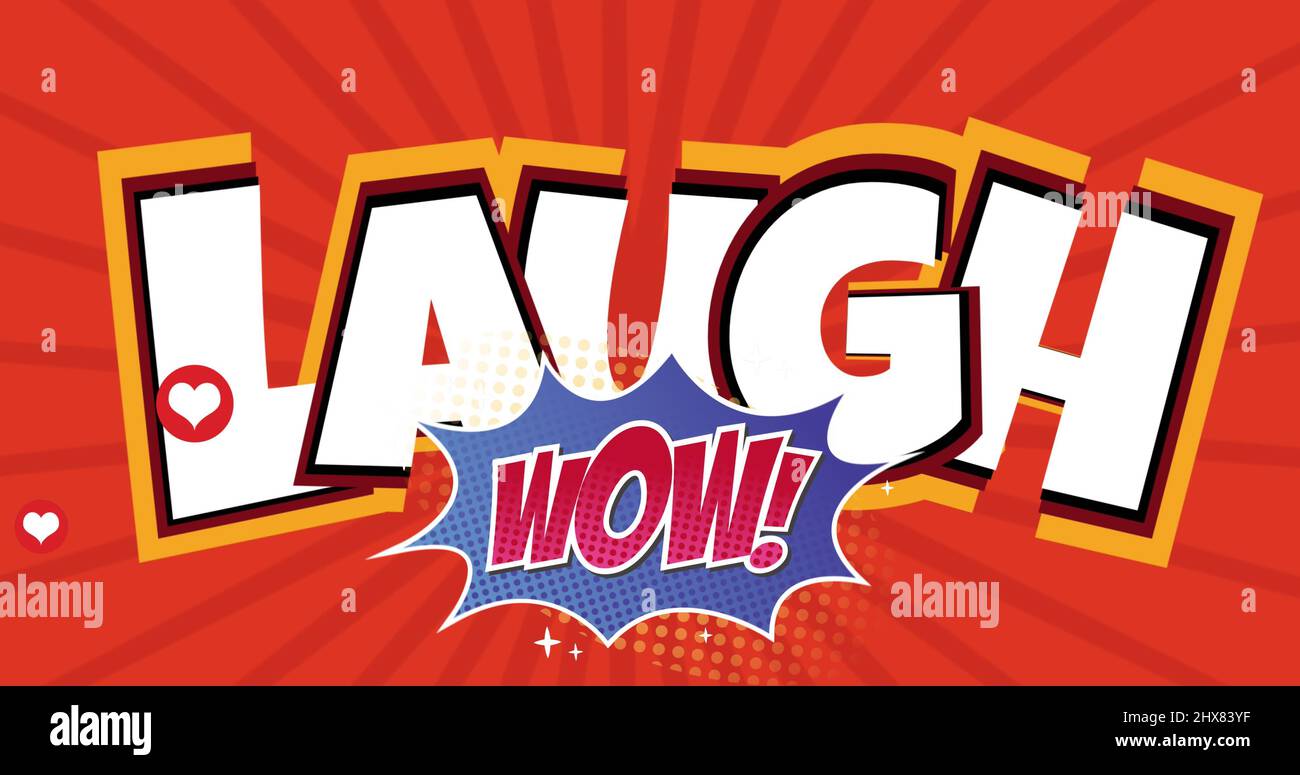 Image of laugh wow text and hearts on red background. retro future and ...