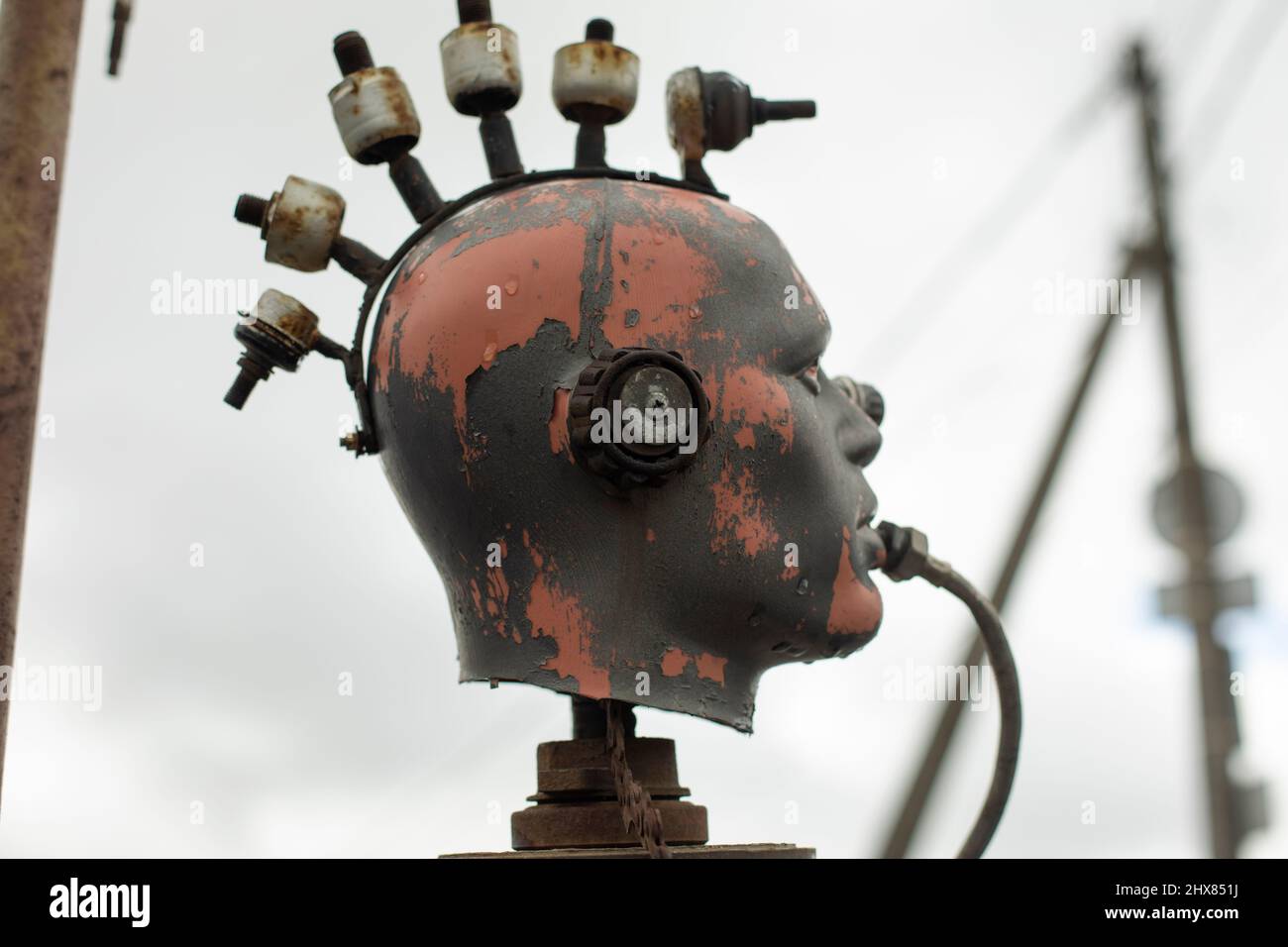 Punk mannequin. Plastic robot figure. Hose in your mouth. Steam punk ...