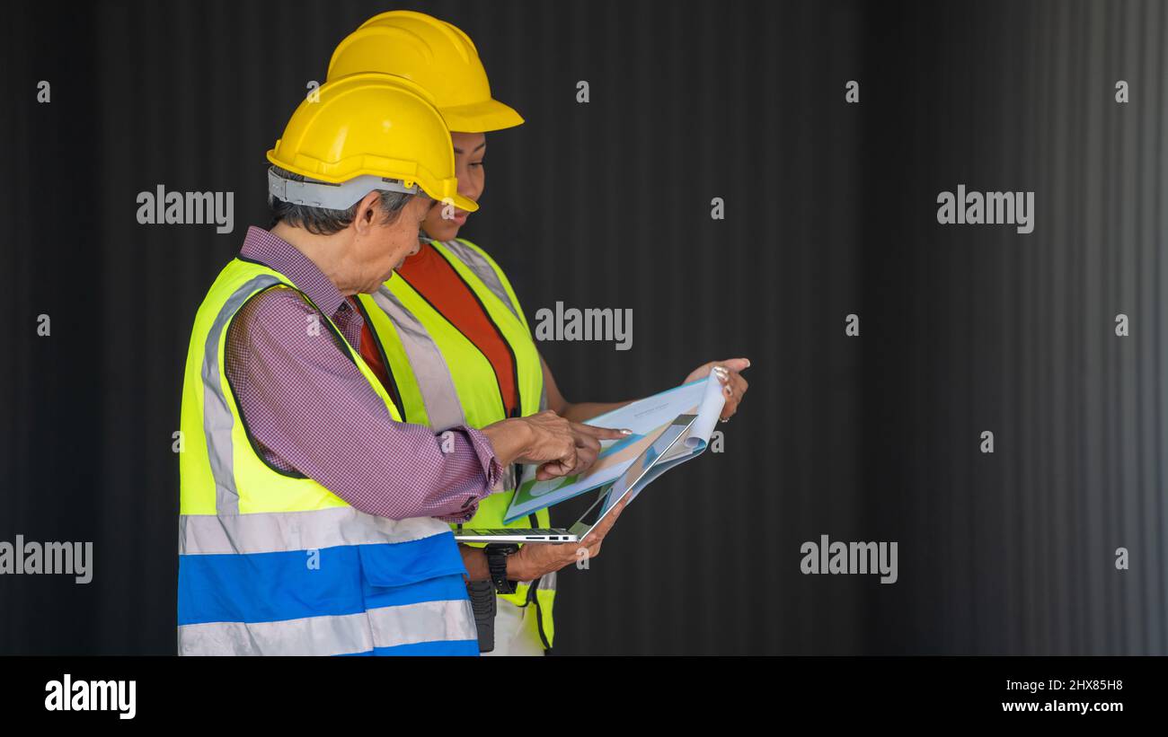 Woman inspector or Safety Supervisor and Old delivery man in Container ...