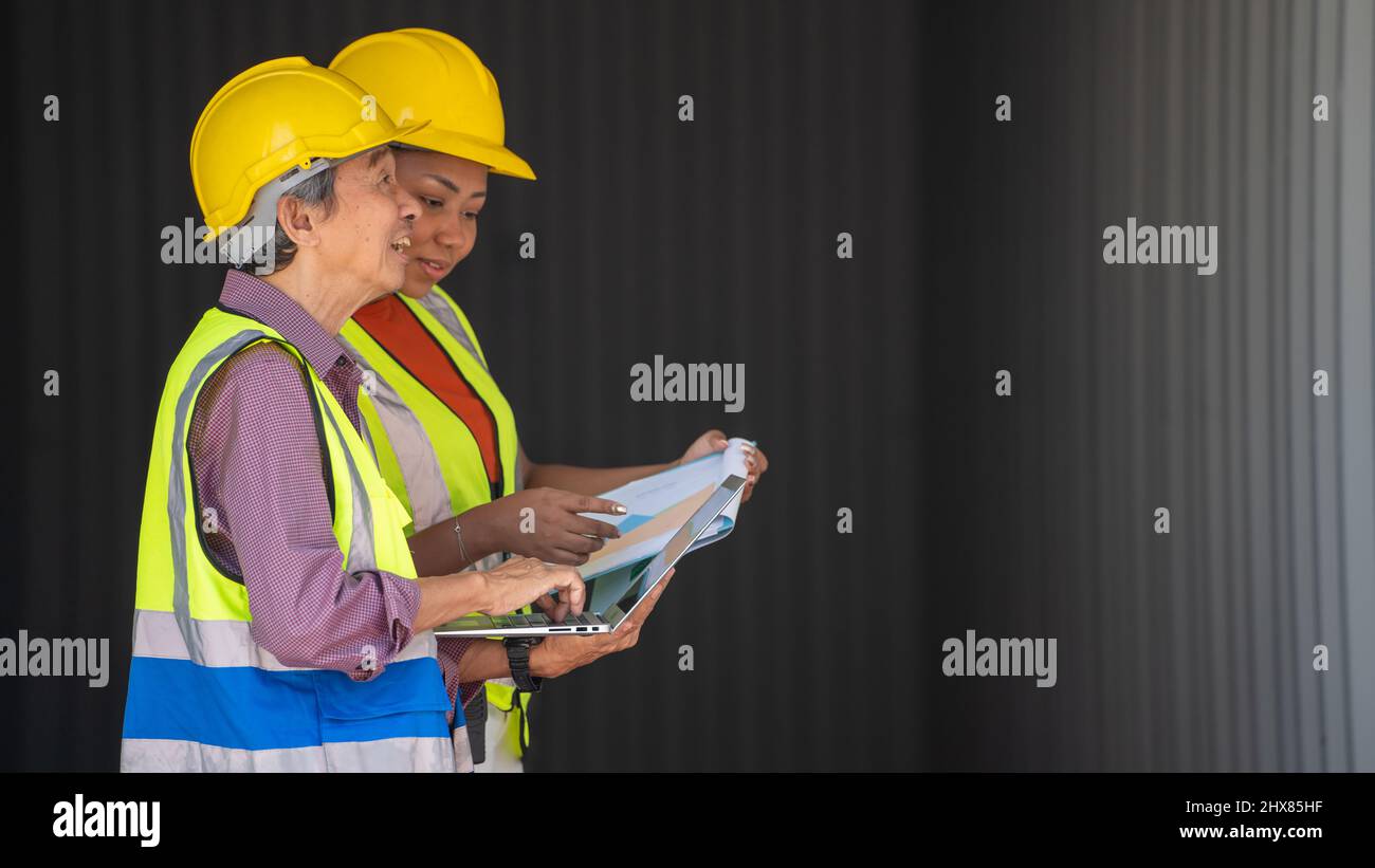 Woman inspector or Safety Supervisor and Old delivery man in Container ...