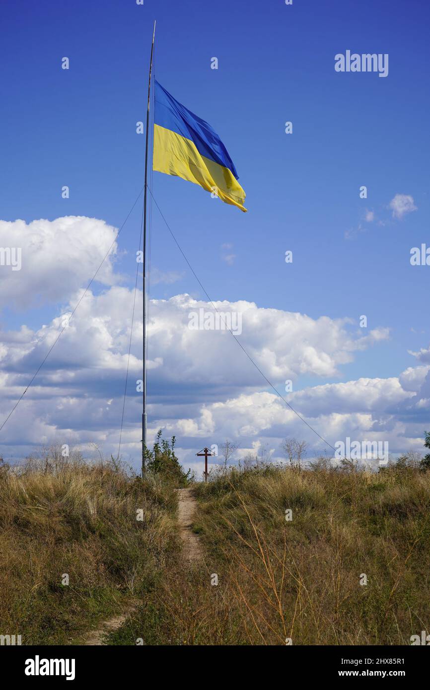 The yellow blue flag of Ukraine flutters against the sky. Symbol of ...