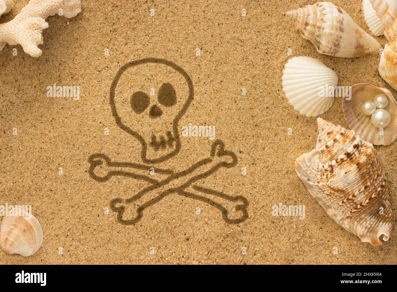 Jolly Roger on the sand. Pirate treasures Stock Photo - Alamy