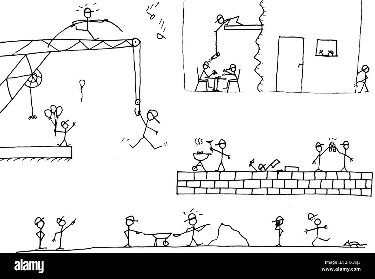 on a construction site different construction workers are busy with ...