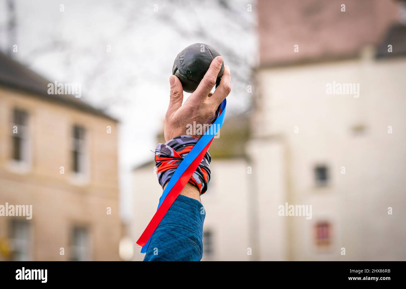 Boys tussle for the leather ball during the annual Jedburgh ba' game ...