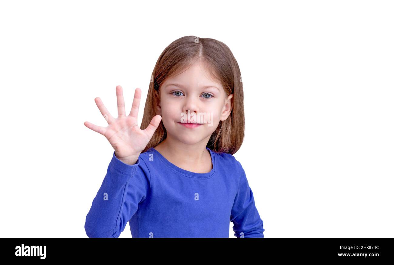 Child showing hand with five fingers, isolated on white background ...