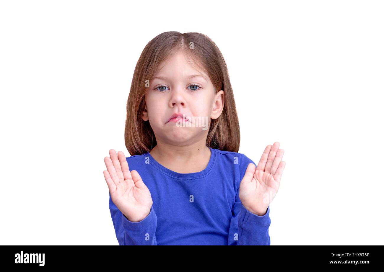 Child holding arms showing that not guilty, isolated on white ...