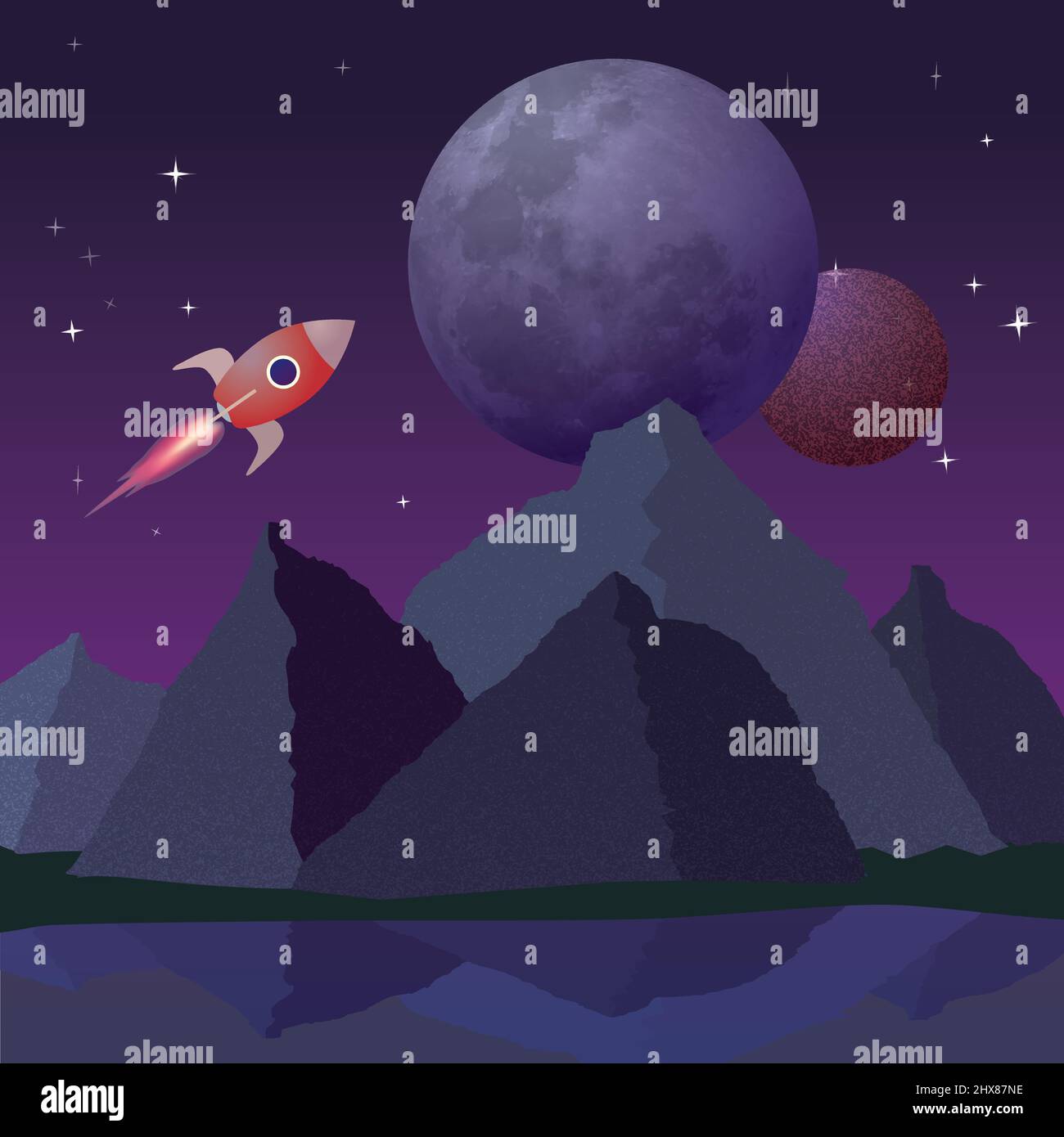 Rocket in the sky with a mountain landscape and two big planets and ...