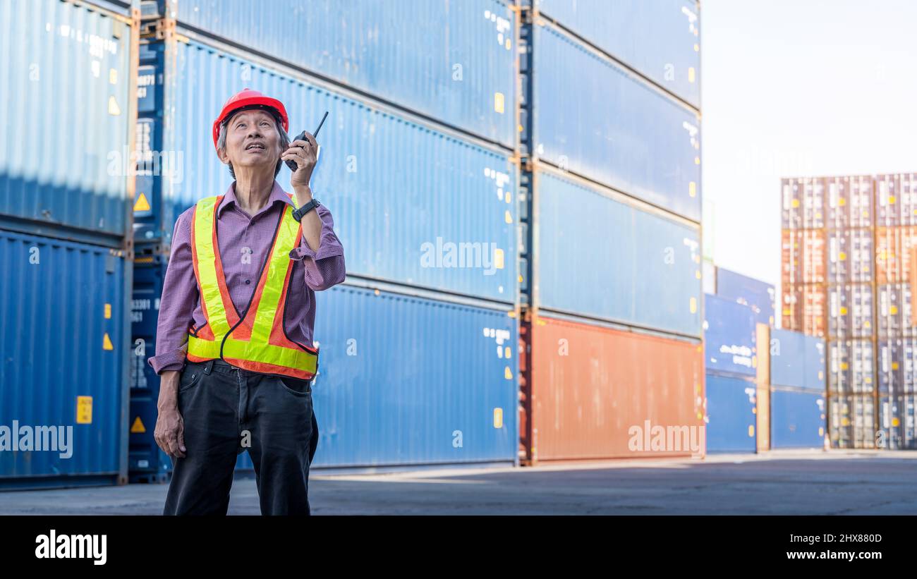 Old Manager with labtop computer inspector or Safety Supervisor in ...