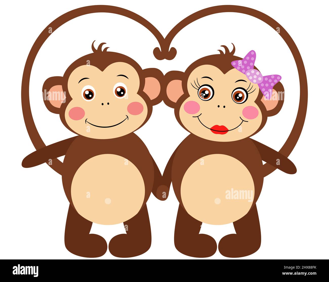 Cute couple of monkeys shape heart with tails Stock Photo - Alamy