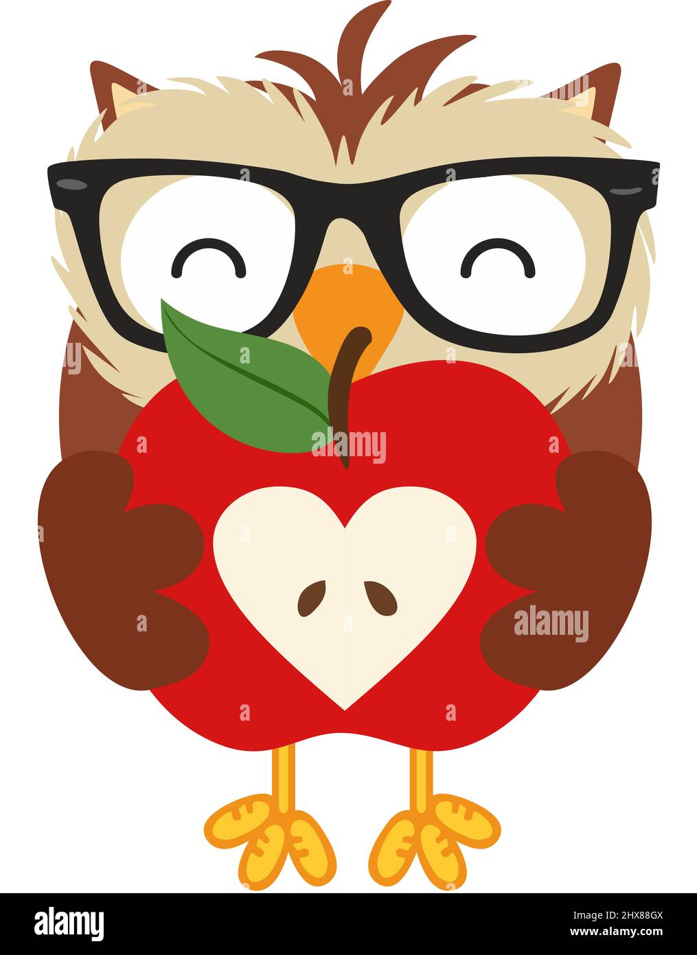 Funny owl with glasses holding an apple half Stock Photo - Alamy