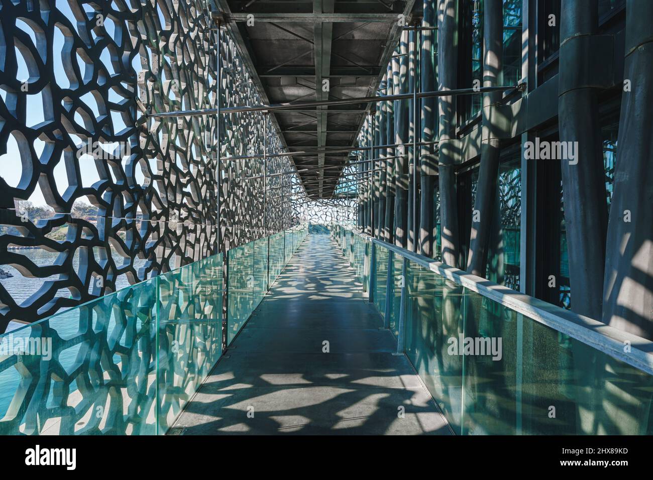 View of the interior corridor and roof terrace inside the the Mucem ...