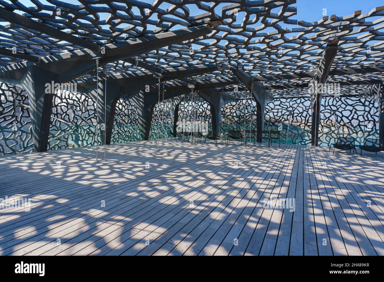 View of the interior corridor and roof terrace inside the the Mucem ...