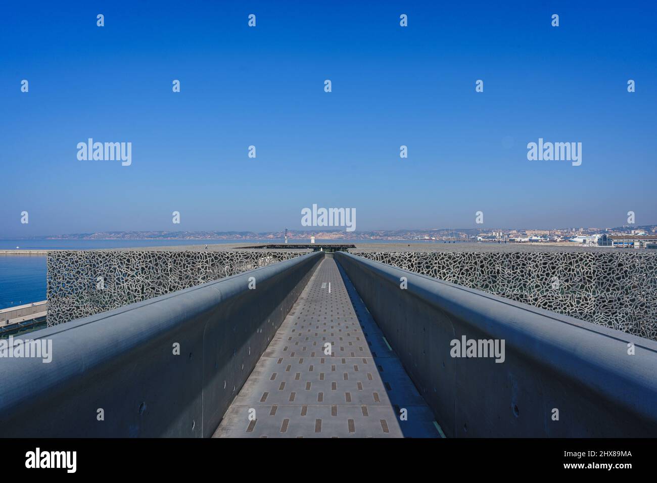 View of the interior corridor and roof terrace inside the the Mucem ...