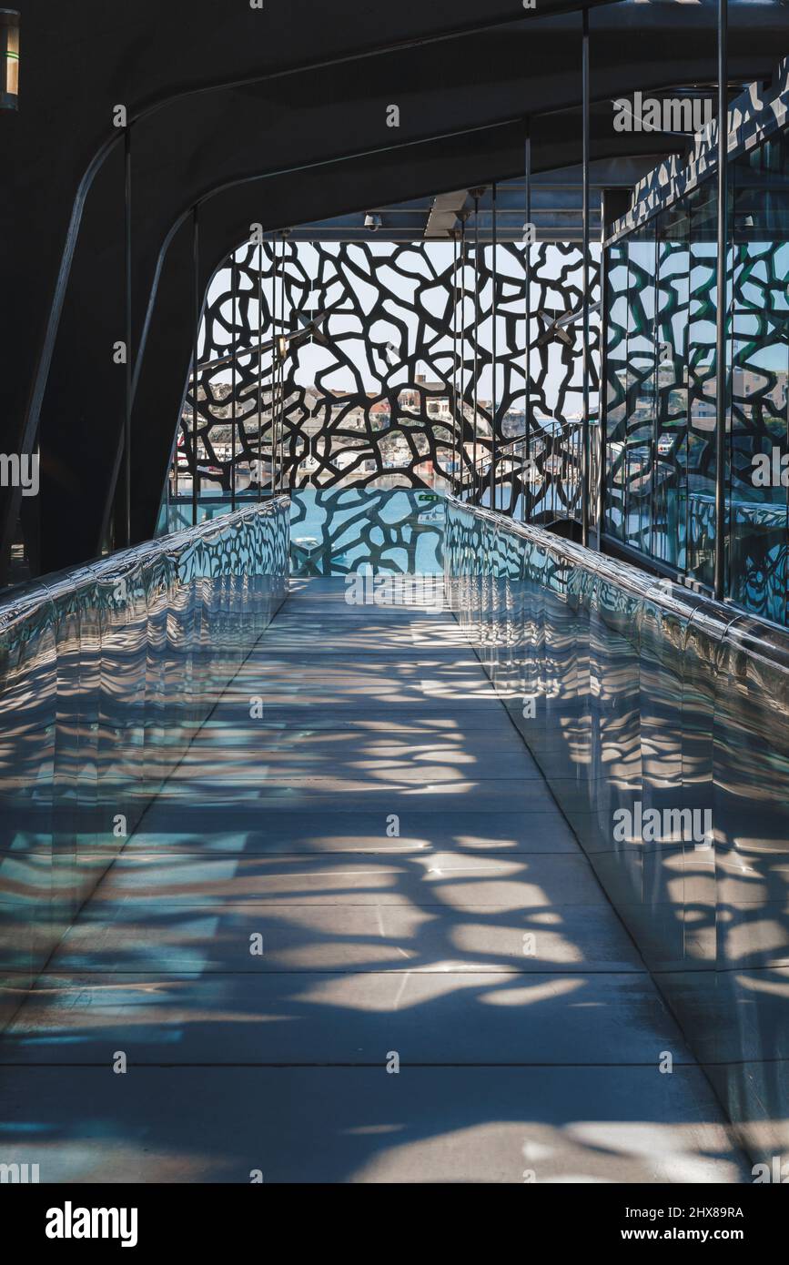 View of the interior corridor and roof terrace inside the the Mucem ...