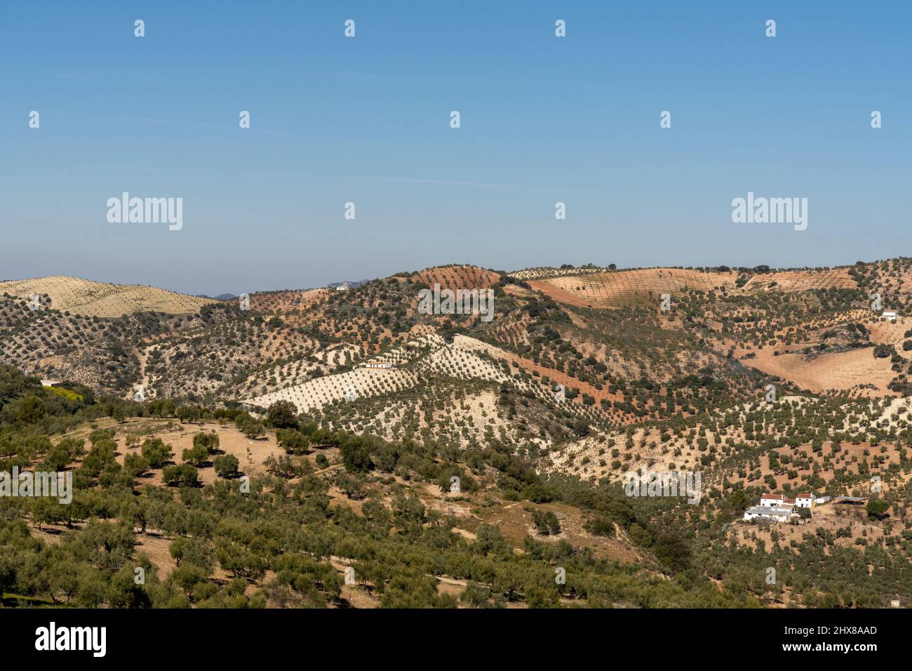 A view of hilly farmland and backcountry in the south of Spain Stock ...