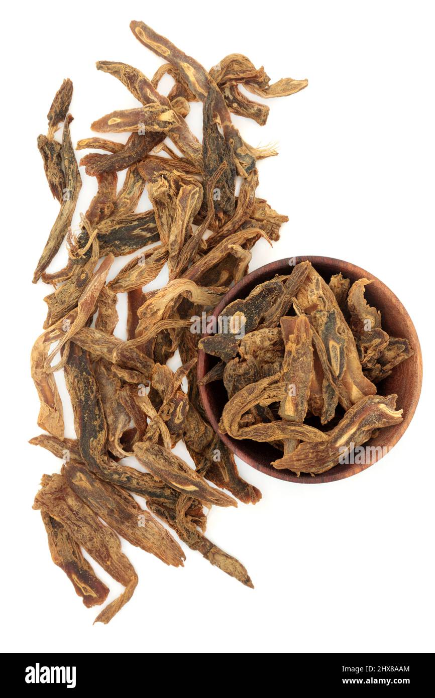 Stemona root herb used in traditional Chinese herbal medicine on white ...