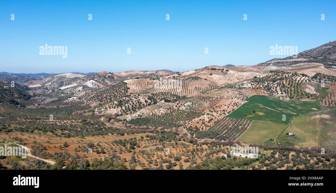Aerial panorama view of hilly farmland and backcountry in the south of ...