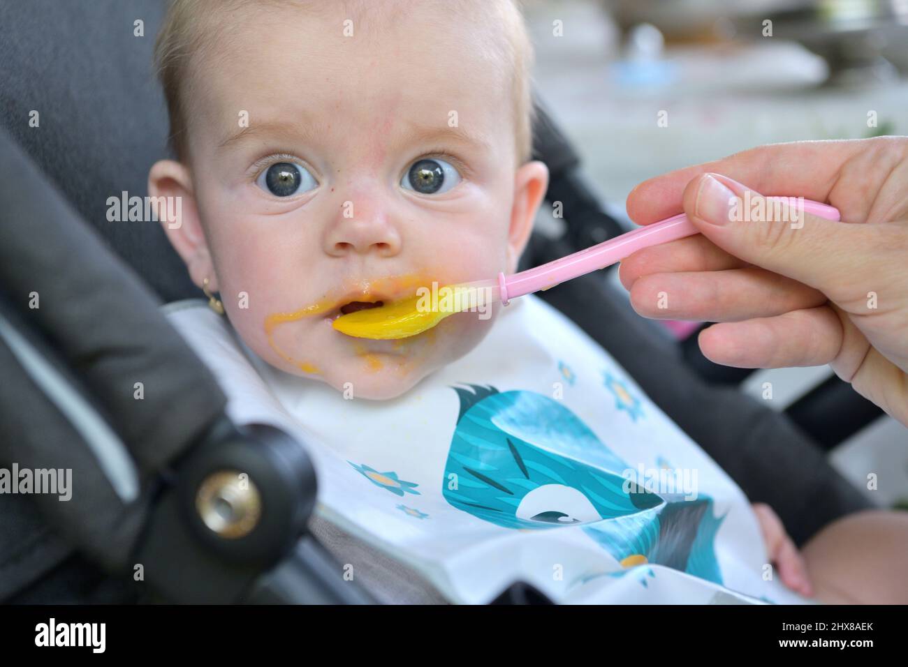 Mother eating baby's food hi-res stock photography and images - Alamy