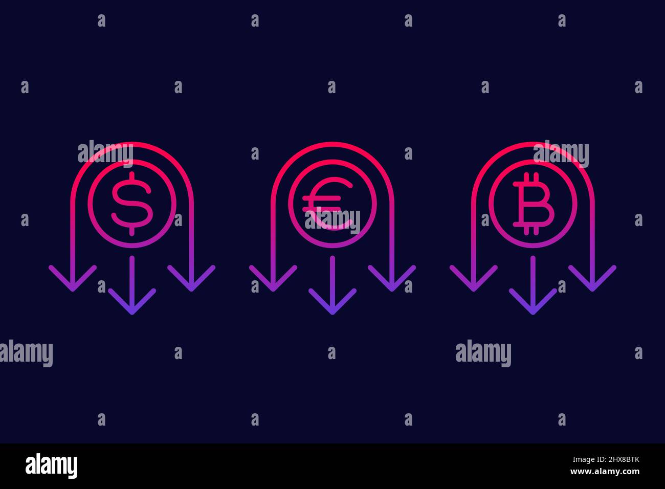 reduce costs icon with dollar, euro and bitcoin Stock Vector Image ...