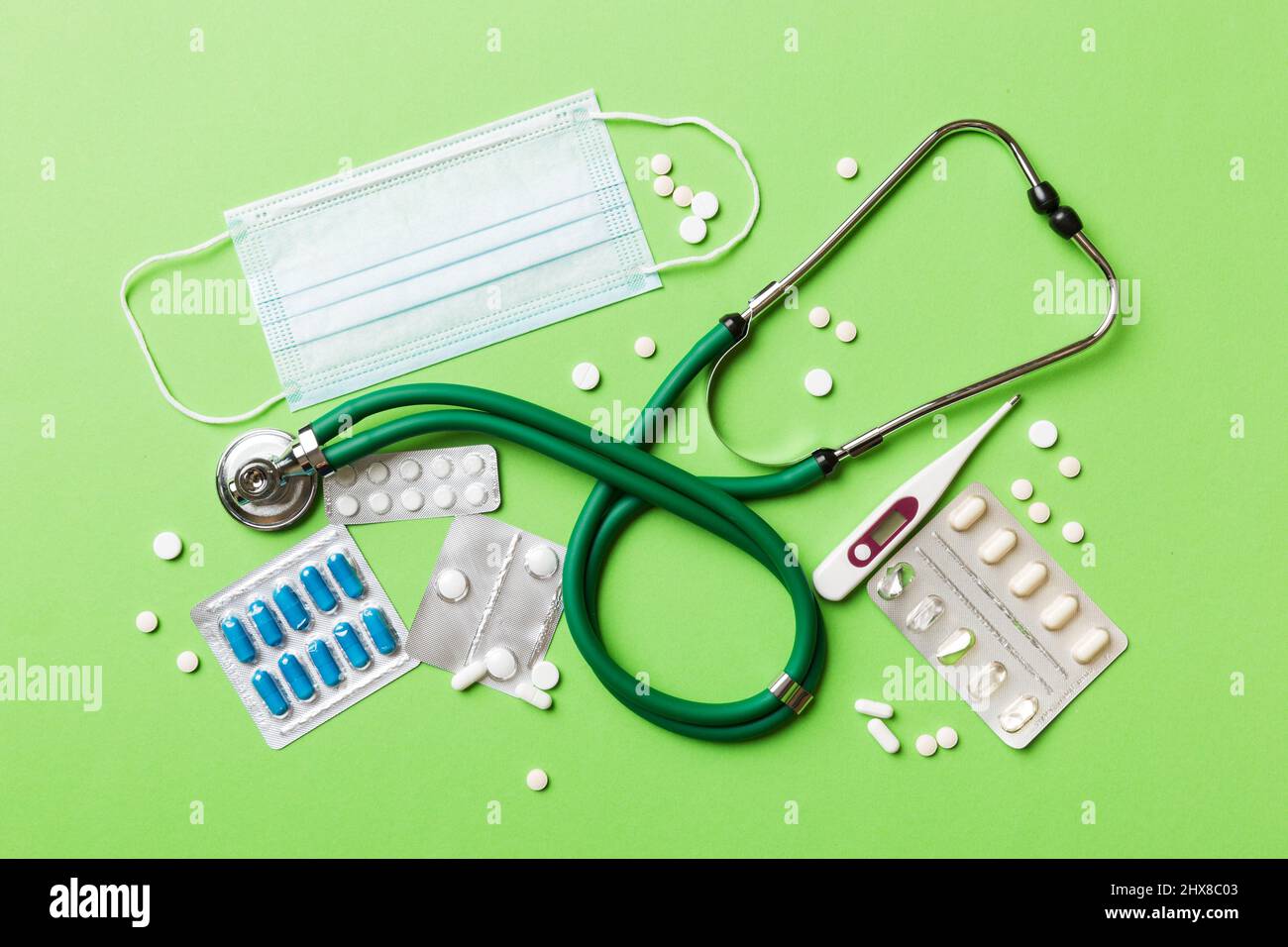 Medical background. Many different various medicine tablets or pills on ...