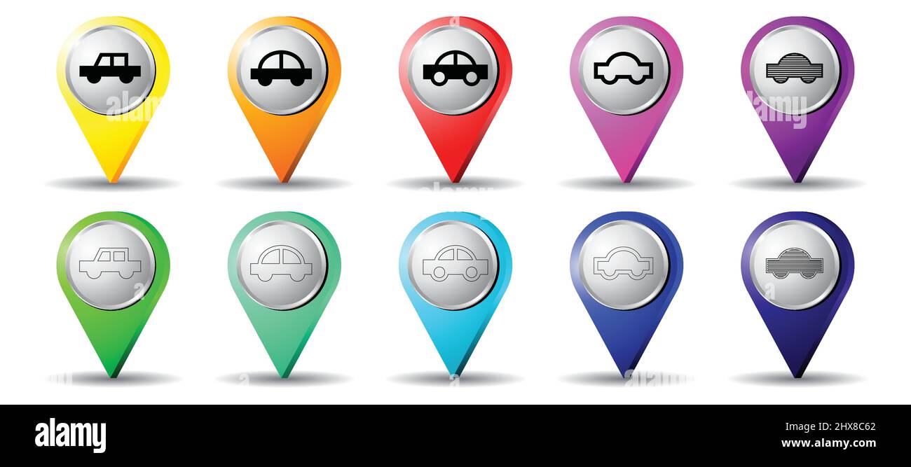 Location pins with passenger car icon - vector illustration Stock ...