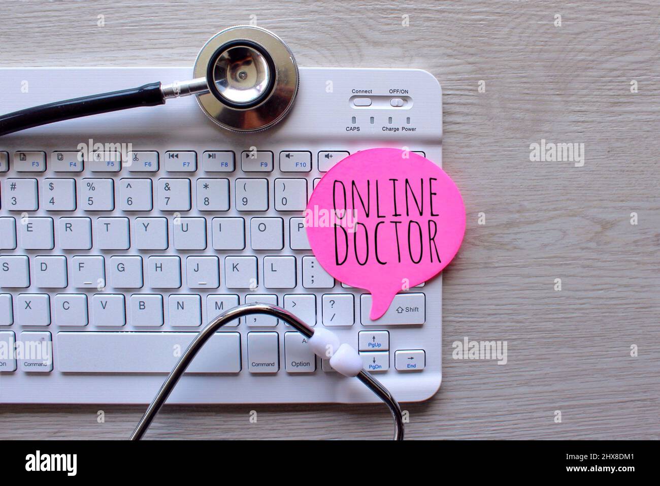 Medical and technology concept. Stethoscope, keyboard and speech bubble ...