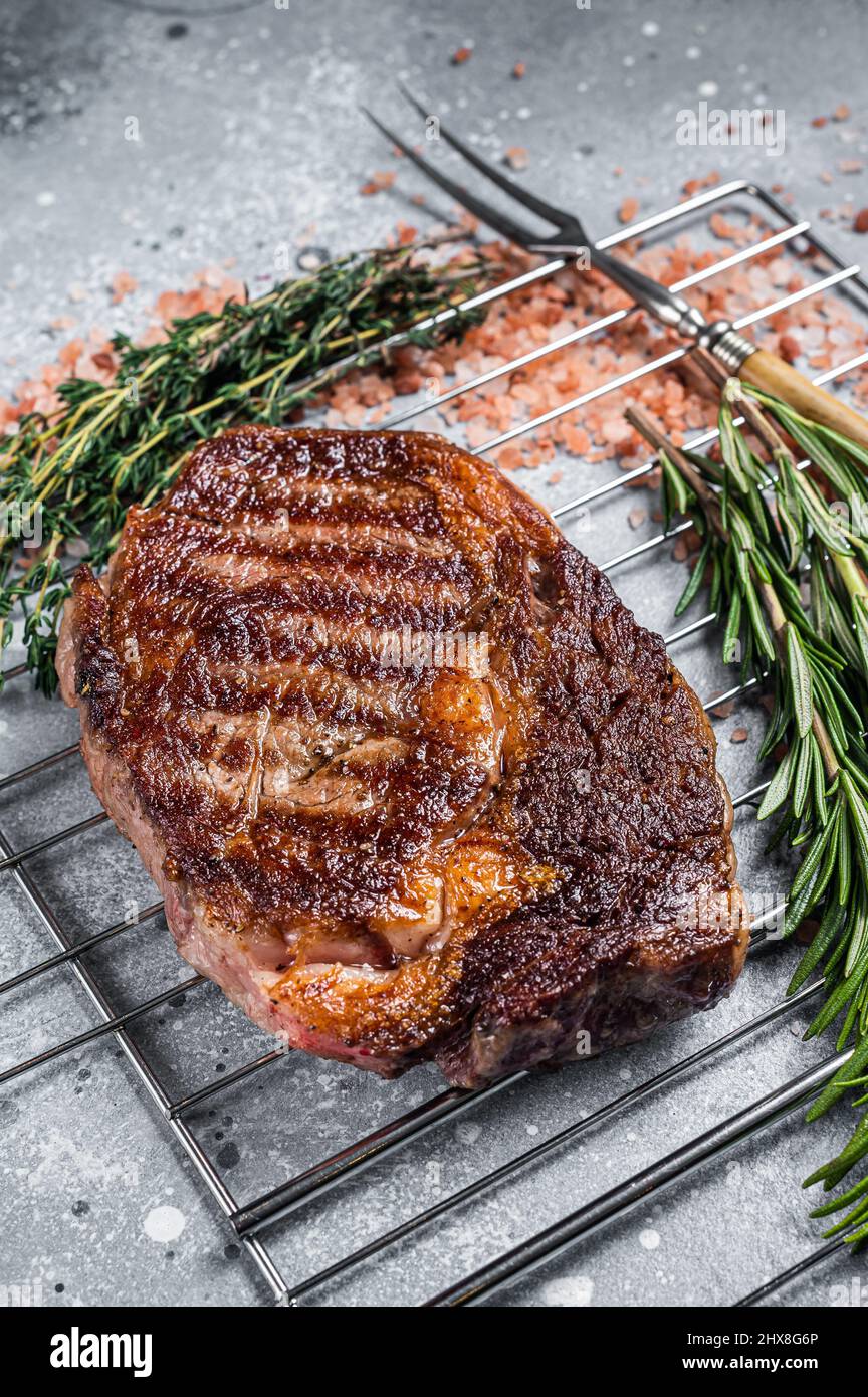 BBQ grilled rib-eye steak, rib eye beef meat on a grill with herbs ...