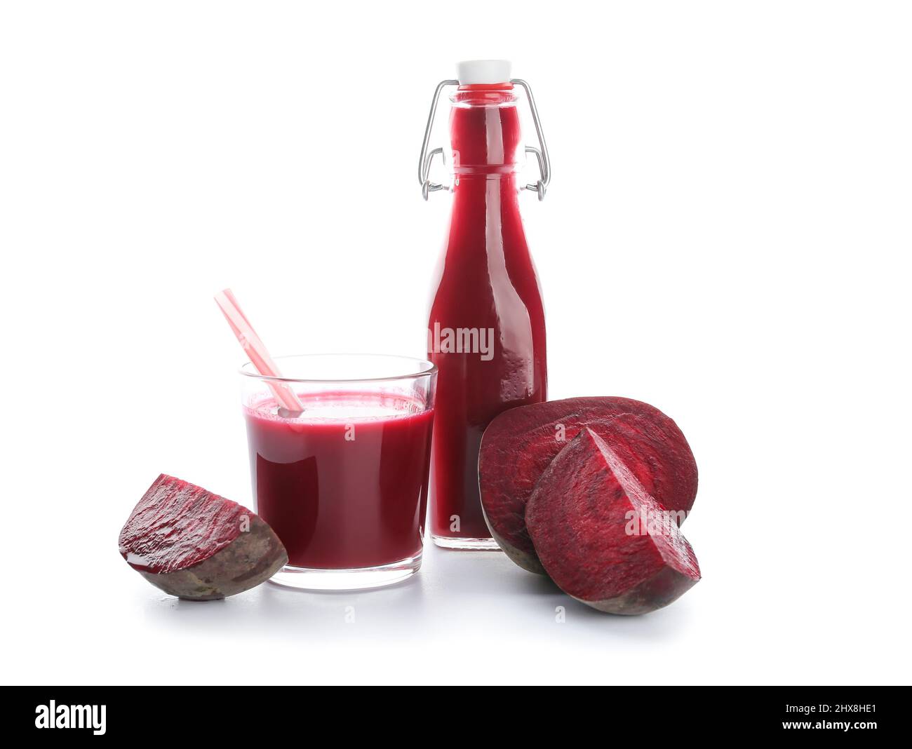 Bottle and glass of healthy beet smoothie on white background Stock ...