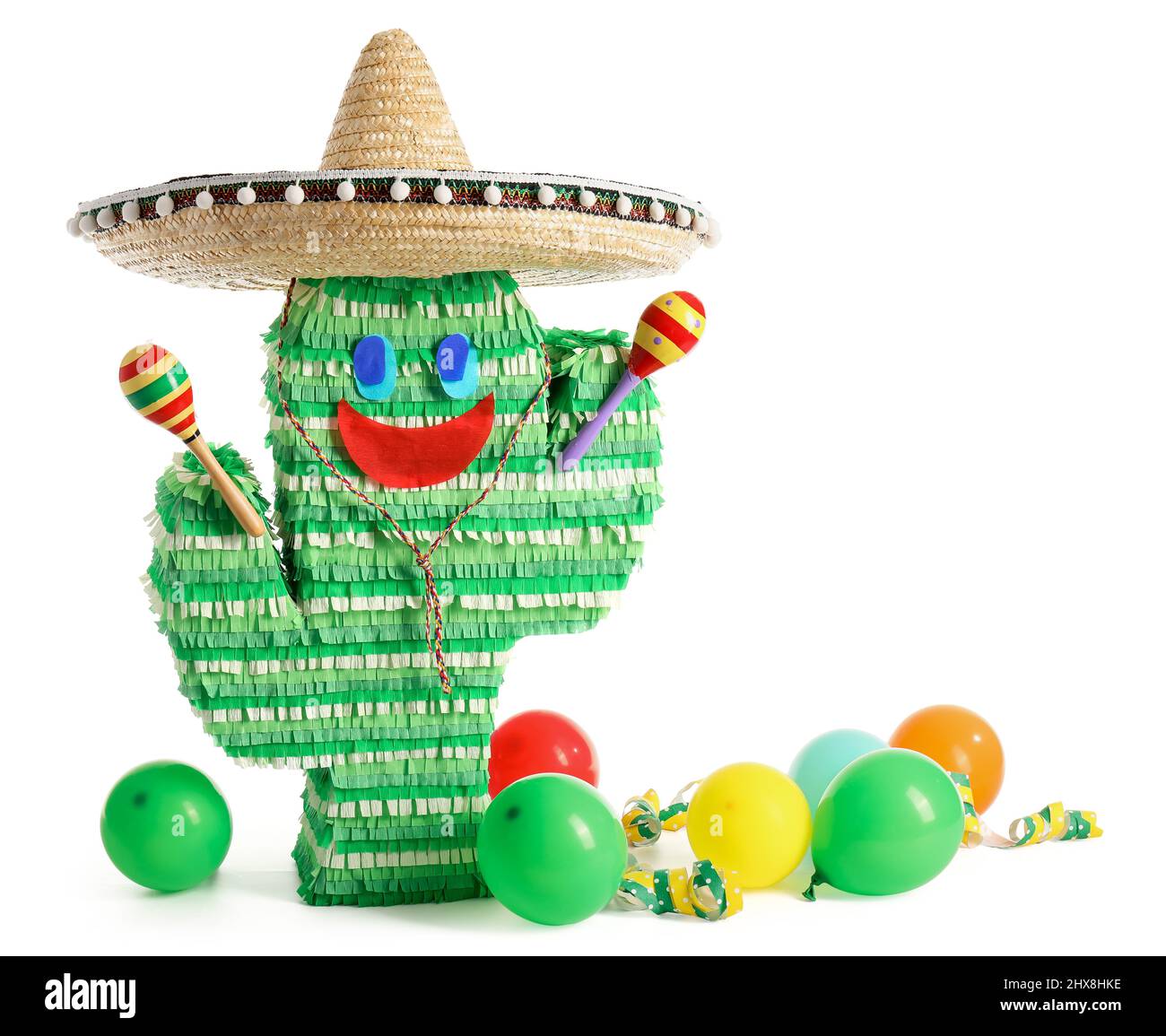 Mexican pinata in shape of cactus with sombrero hat, maracas and ...