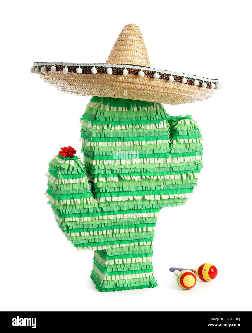 Mexican pinata in shape of cactus with sombrero hat and maracas on ...