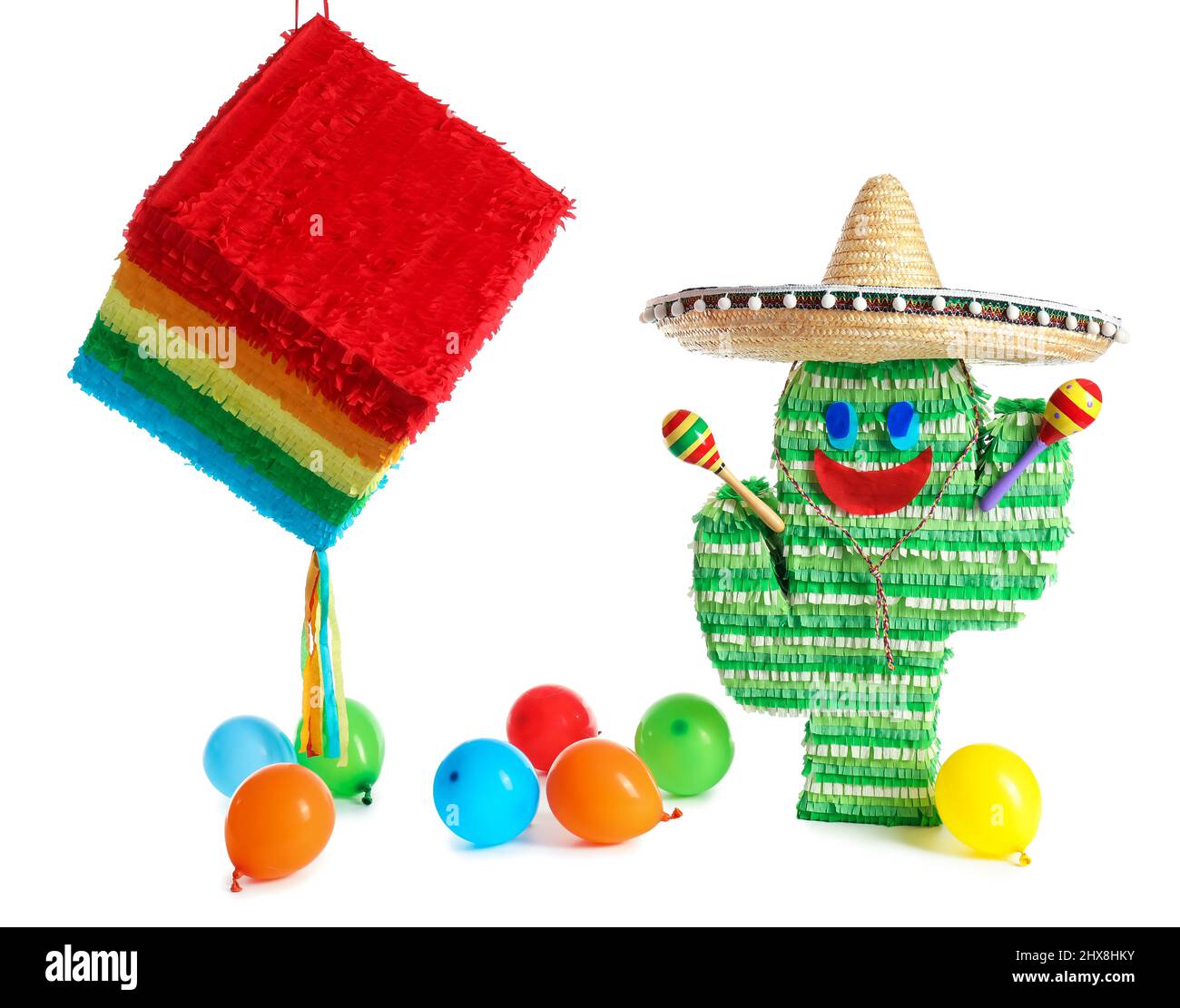 Mexican pinatas with sombrero hat, maracas and balloons on white ...