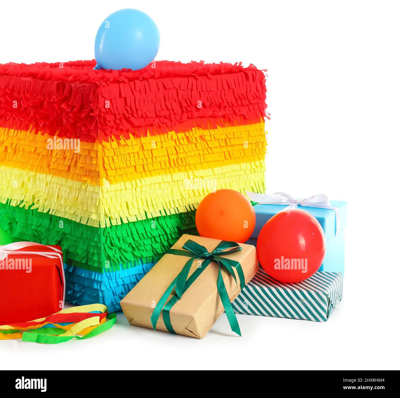 Mexican pinata in shape of cube with gifts and balloons on white ...