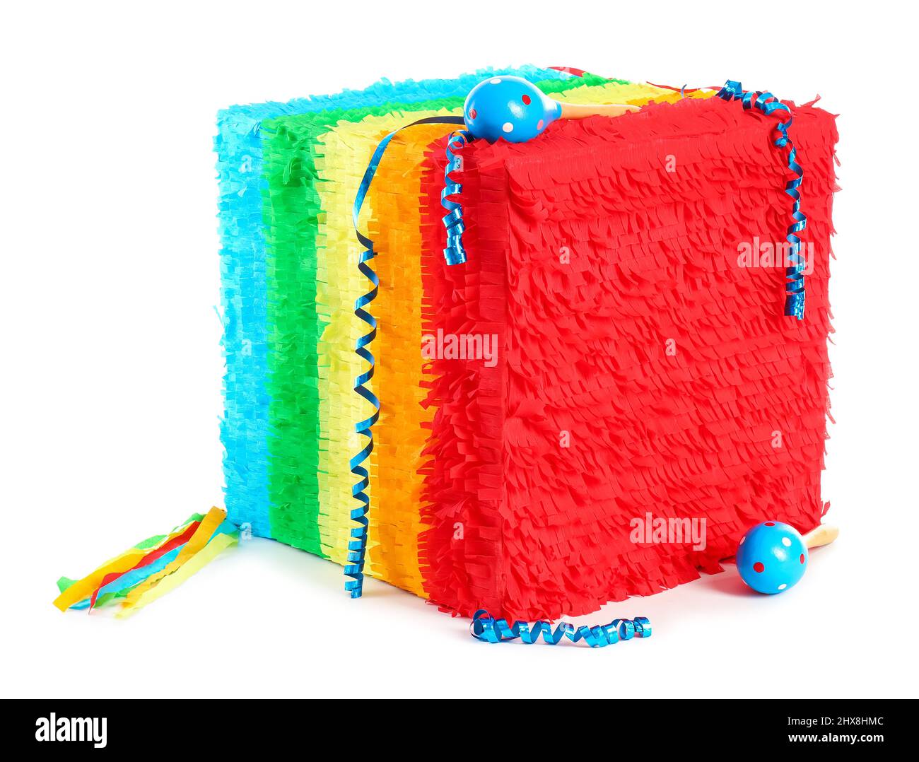 Mexican pinata in shape of cube with maracas on white background Stock ...
