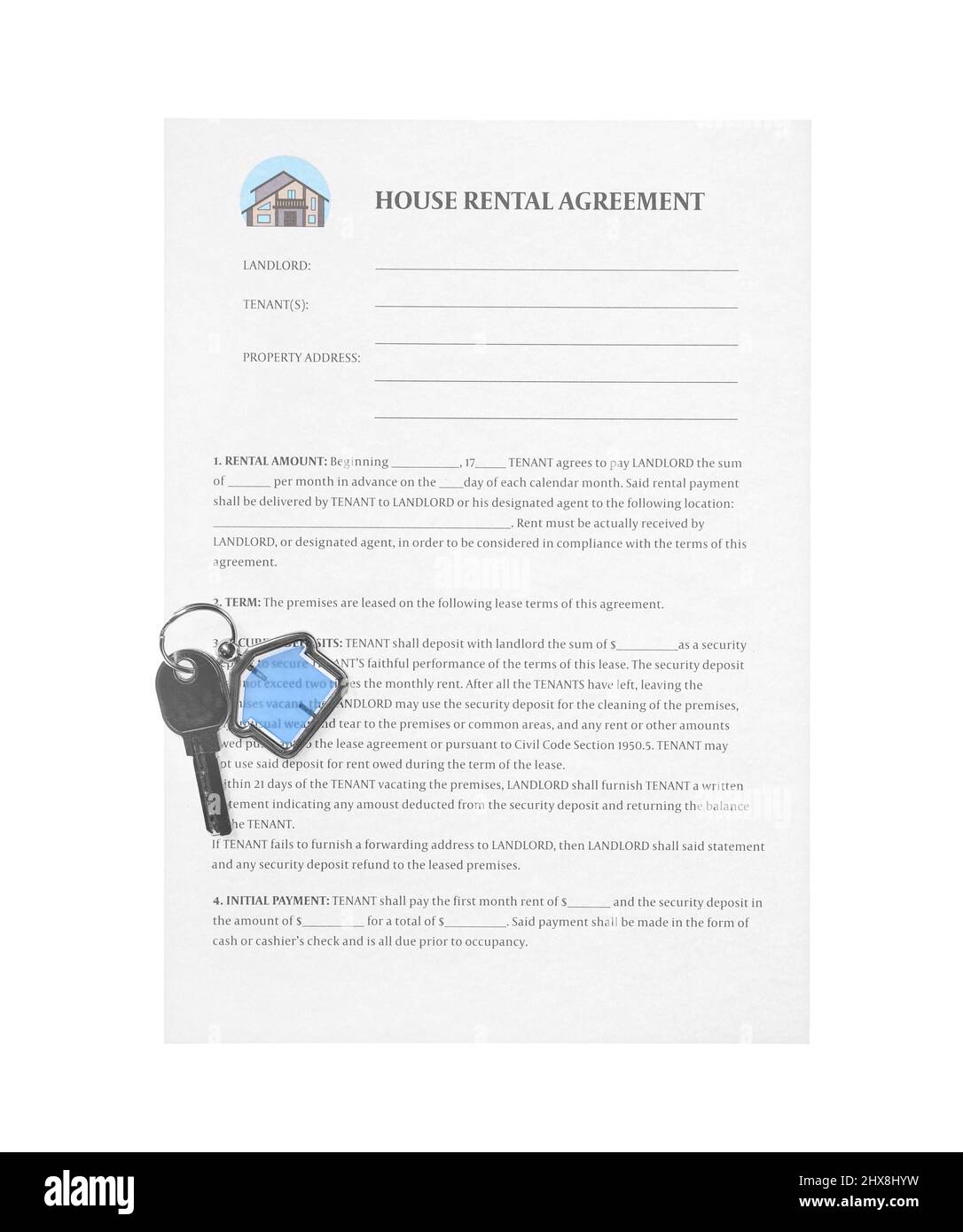 House rental agreement and key with house shaped keychain on white ...