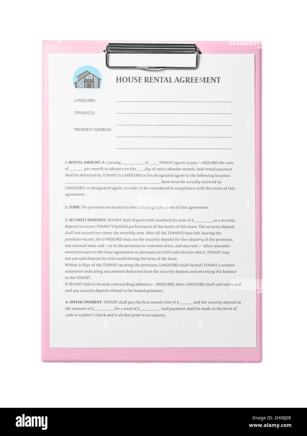 Clipboard with house rental agreement on white background Stock Photo ...